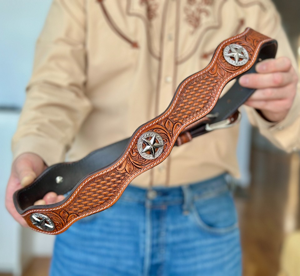 Hand Tooled Leather Western Belt 1.5” | Texas Star Conchos | Removable ...