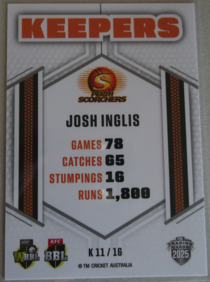 2025/26 TLA TRADERS LUXE CA CRICKET KEEPERS PERTH SCORCHERS JOSH INGLIS ...