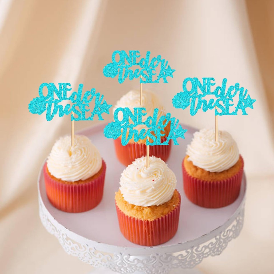24Pcs Ocean Theme Cupcake Toppers Glitter Blue Onederful Cake ...