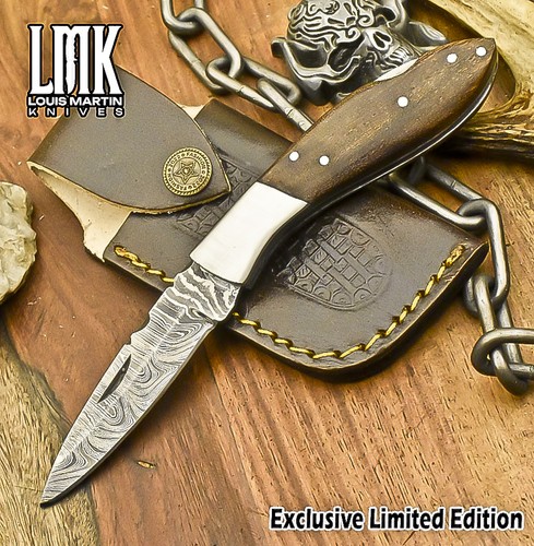 LMK Hand Crafted Twist Damascus Folding Knife Walnut Wood Back Lock ...