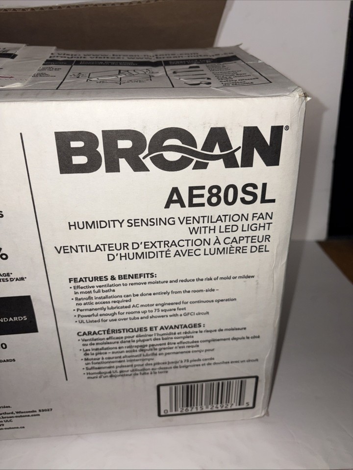 Broan AE80SL Flex Series Humidity Sensing Ventilation Fan w/ LED Light ...