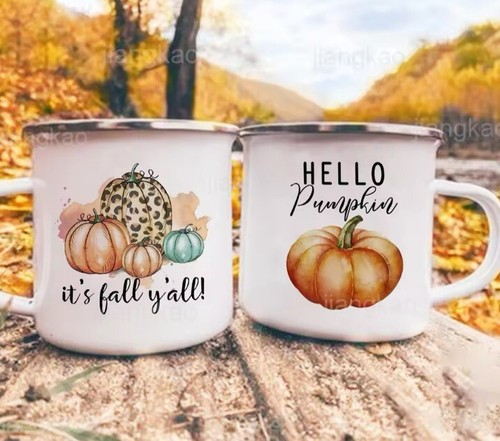 Fall Print Mug Hello Autumn Pumpkin Spice Latte Enamel Coffee Tea Cocoa ...
