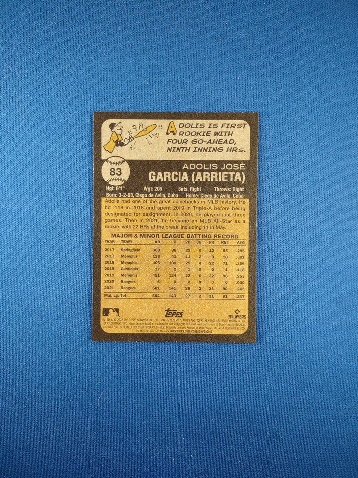 2022 Topps Heritage Adolis Garcia Rookie All-Star Rookie Cup Card #83 ...
