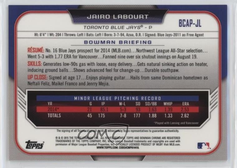 2015 Bowman Chrome Prospects Auto Jairo Labourt #BCAP-JL Auto 9vp | eBay
