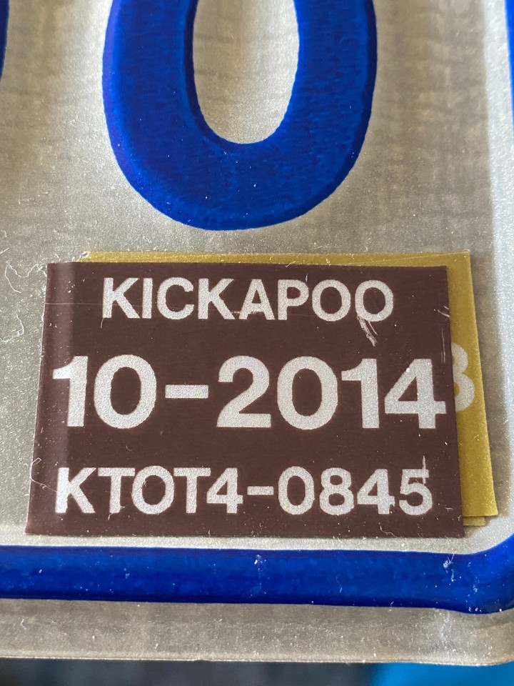 2014 Oklahoma KICKAPOO TRIBE license plate # KT04368, Native American ...