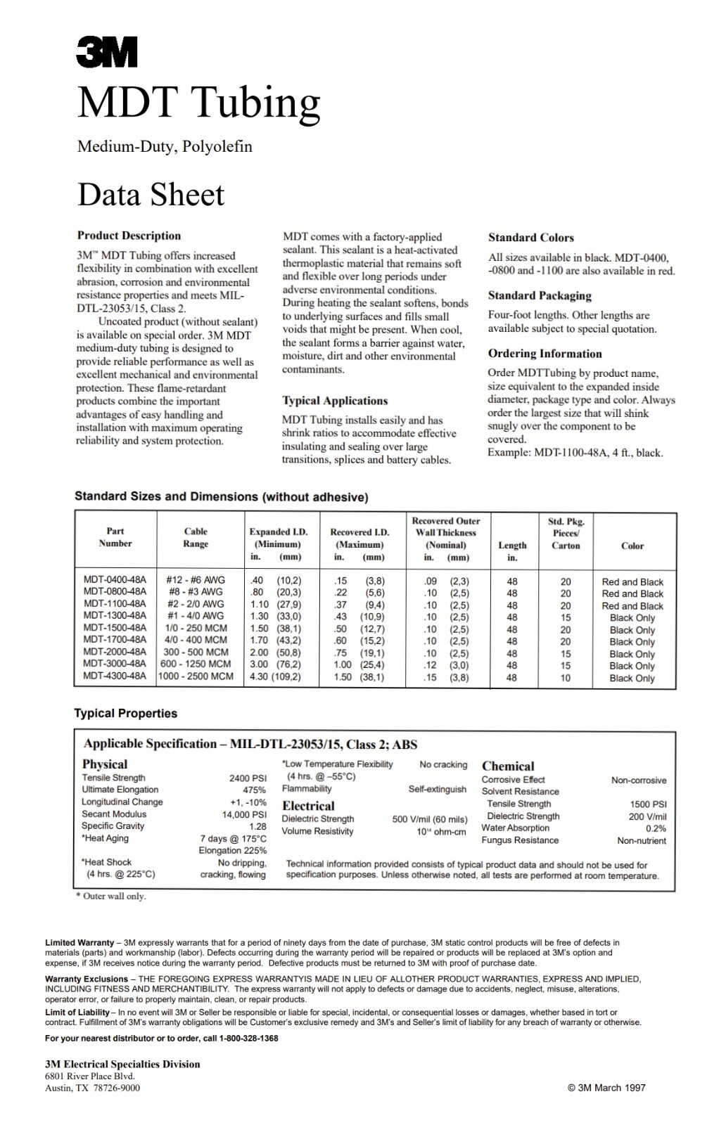Heat Shrink (3:1) Cable Sleeve 3M MDT-1500-48A, Black, 1.5" x 4 foot ...
