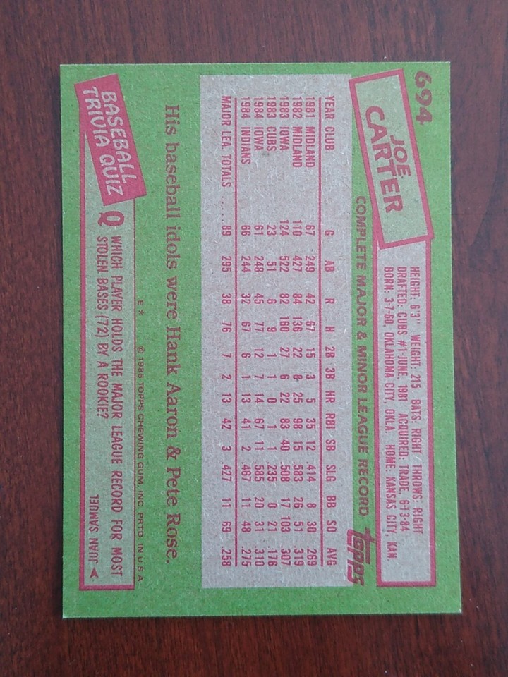 1985 Topps Joe Carter Rookie Card RC #694 | eBay