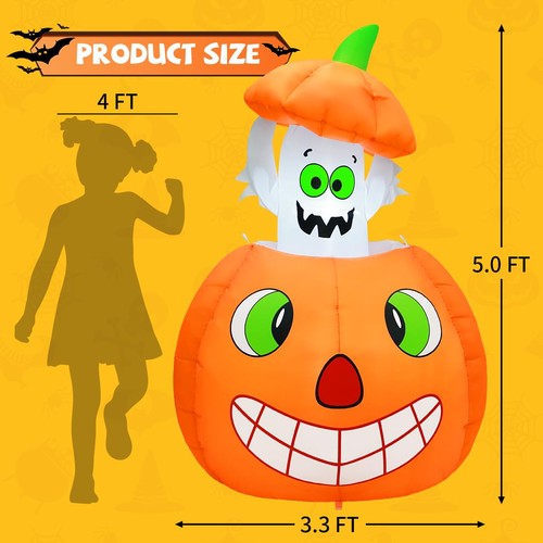 5 FT Halloween Inflatables Animated Pumpkin Ghost Outdoor Decorations ...