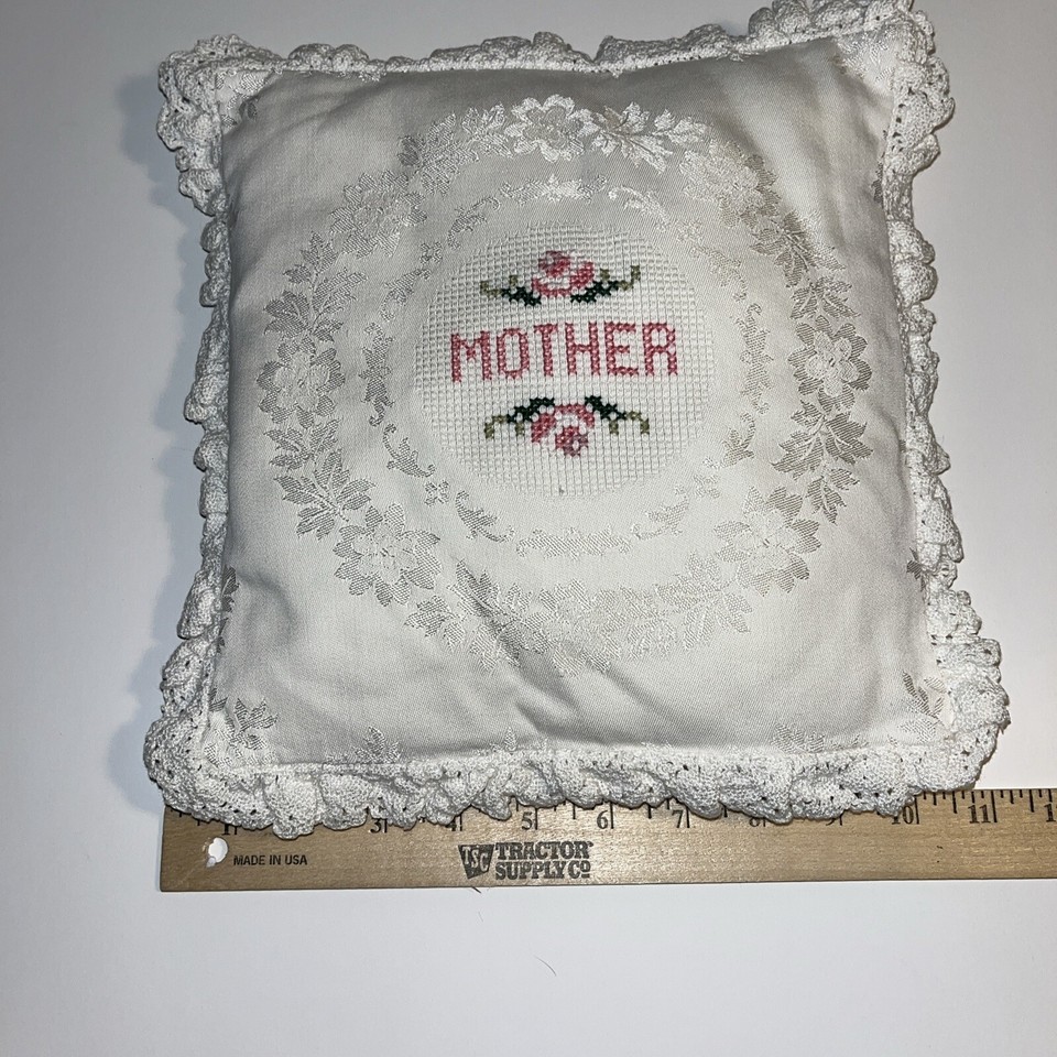 Small Vintage Cross Stitch Decorative Throw Pillow Mother Flowers Lace ...