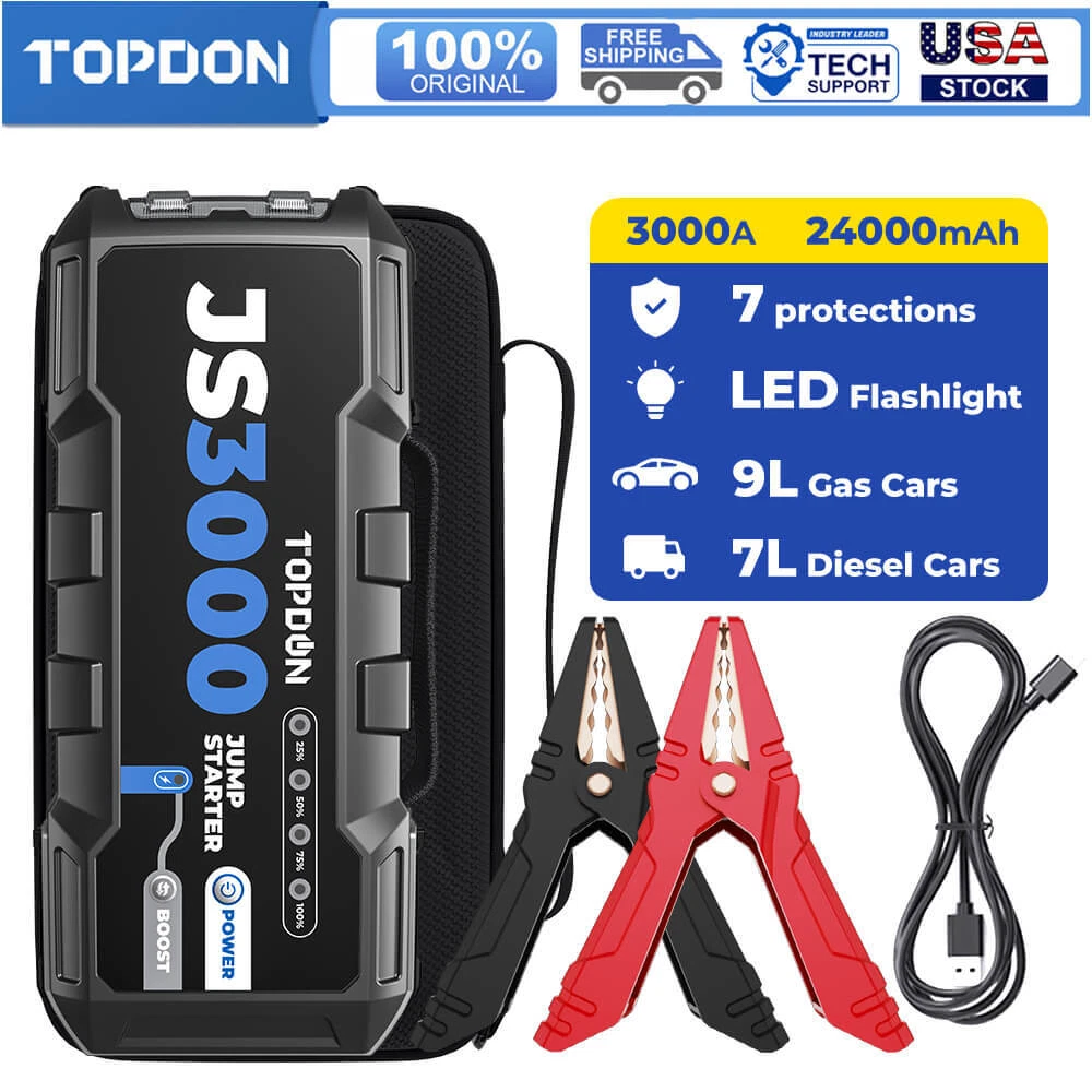 Topdon JS3000 3000A Car Jump Starter Power Bank 12V Car, 40% OFF