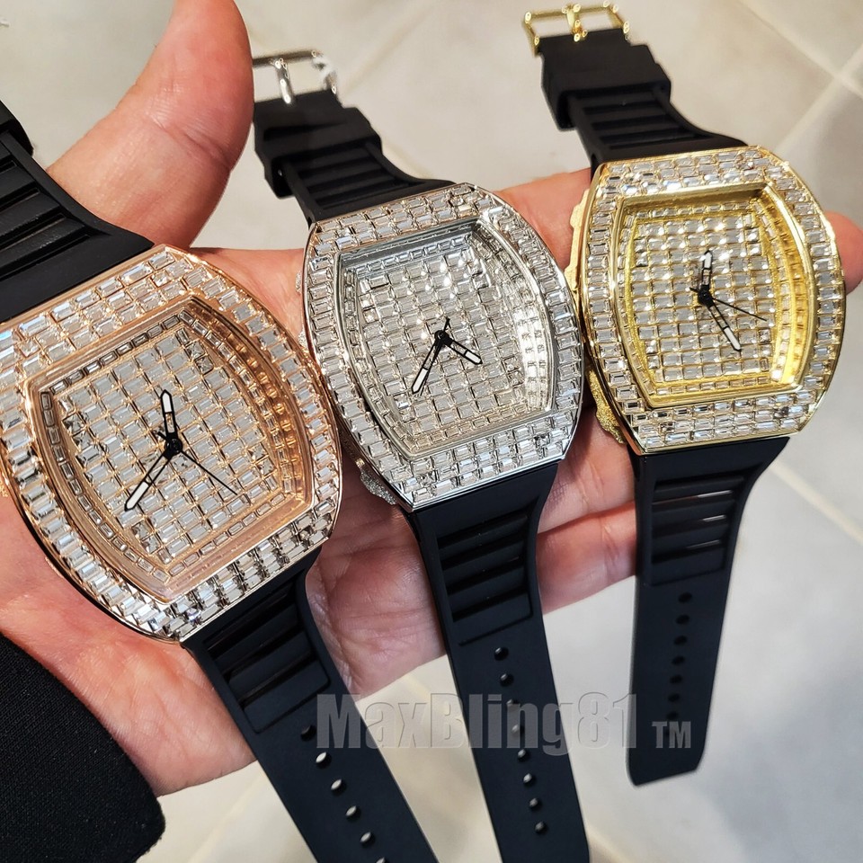 Men Luxury Watch Iced Bling Rapper Baguette Stone Silicone Band Fashion ...
