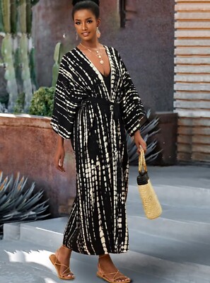 Black White Holiday Beach Coverup Loose Floaty Kimono Long Kaftan ...
