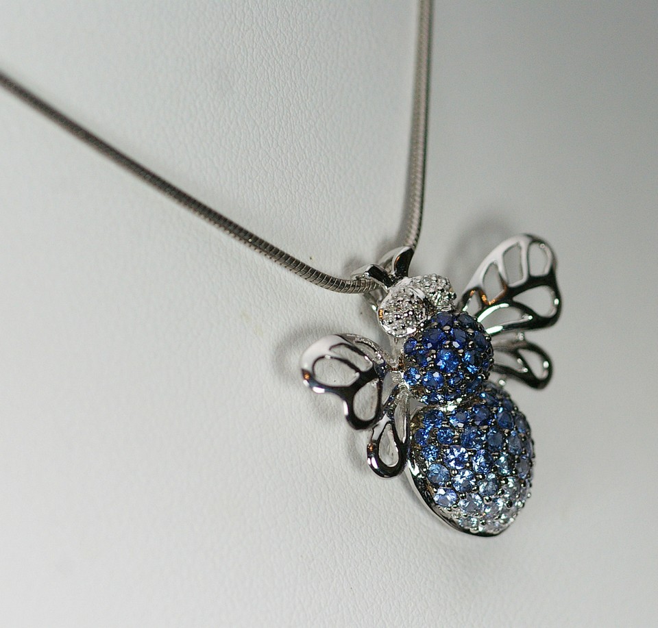 14K WHITE GOLD BLUE SAPPHIRE DIAMOND BUMBLE BEE INSECT NATURE OMEGA ...