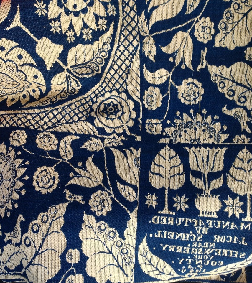 JACOB SCHNELL YORK COUNTY PA 1869 BLUE TAN JACQUARD COVERLET 90" X 104 ...