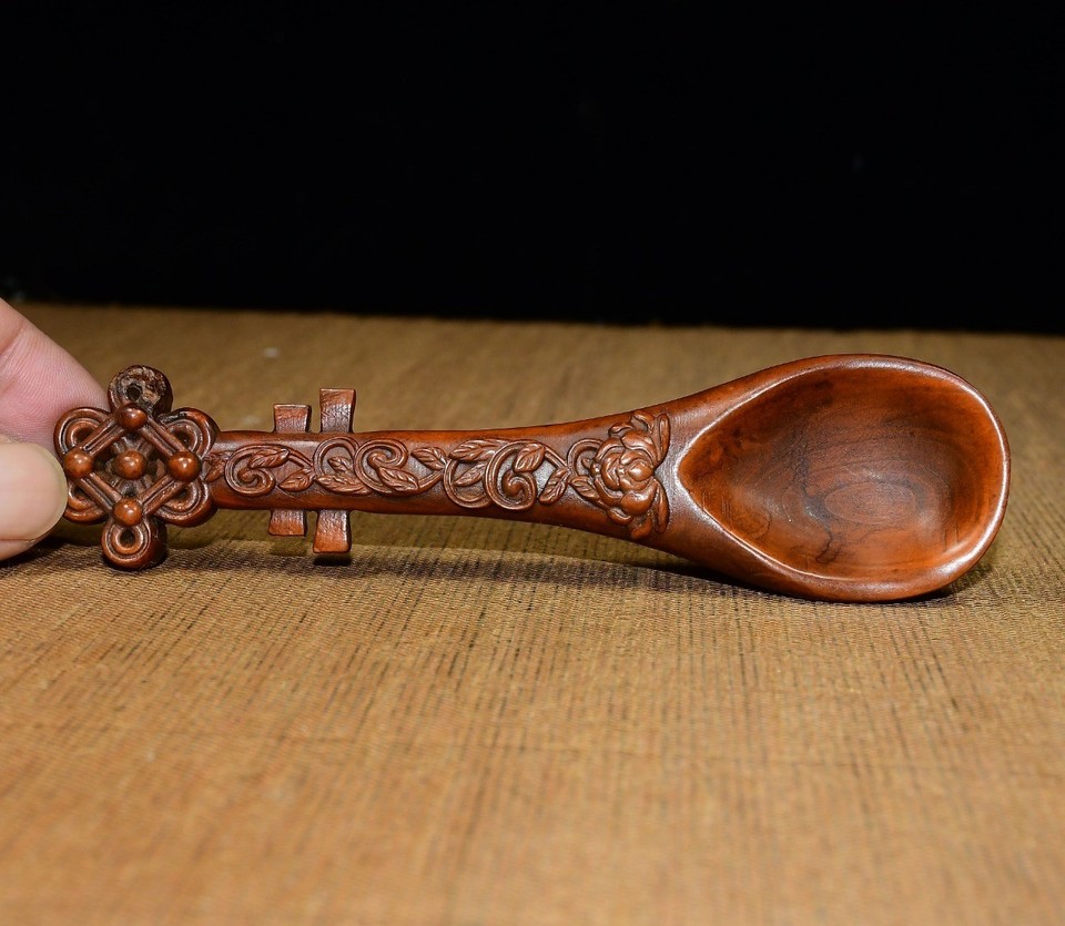 Chinese Figurine Carving Knot Floral Wooden Tea Spoon Carved Wood ...