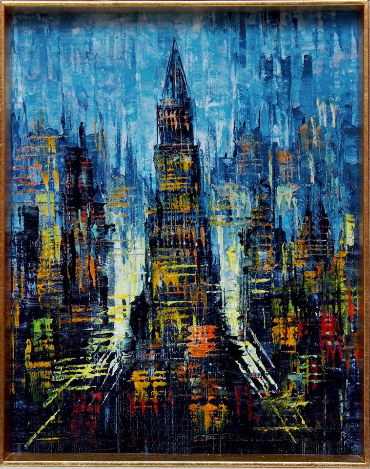 Vintage Modernist Brutalist Mid-Century Abstract Cityscape Oil Painting ...