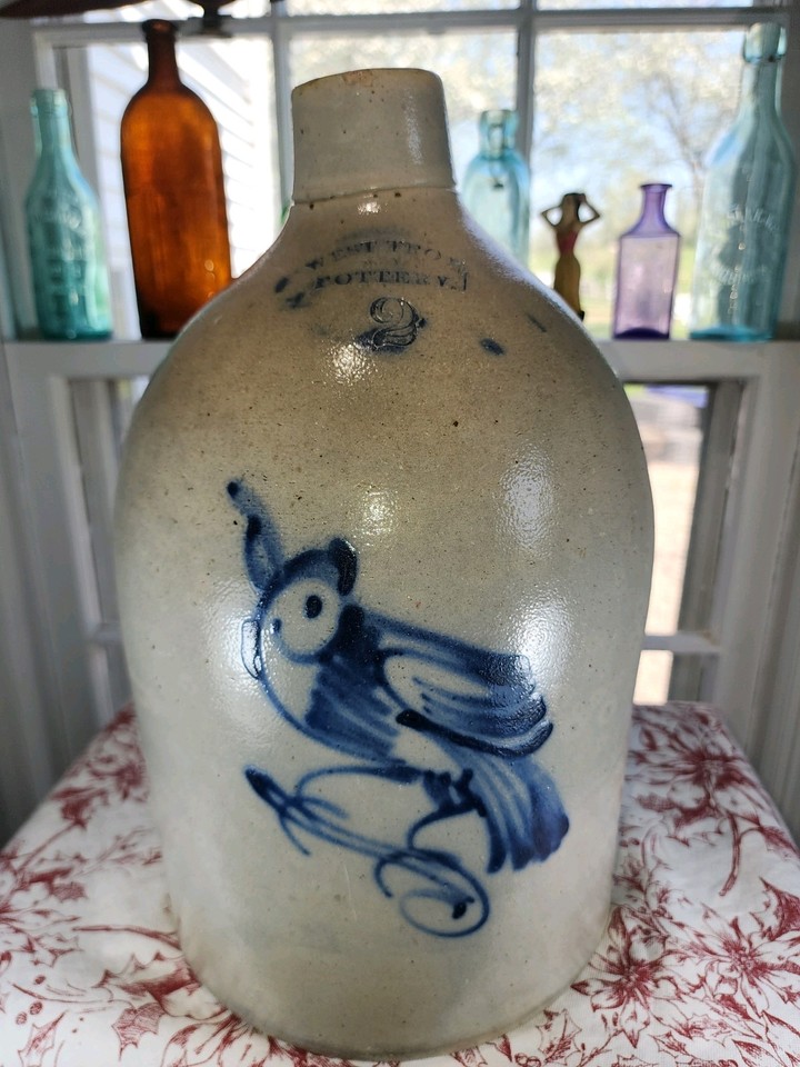 Antique Salt Glazed Stoneware "WEST TROY POTTERY * WEST TROY N.Y." BLUE ...