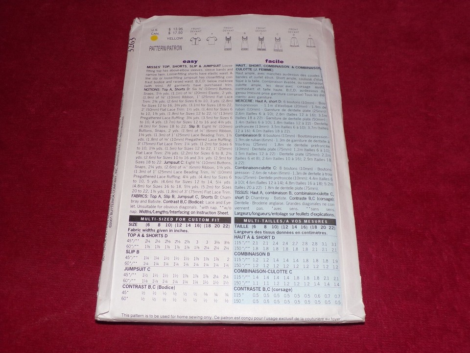 🌷BUTTERICK #3263 - LADIES VINTAGE LACE LINGERIE - UNDERGARMENTS PATTERN ...