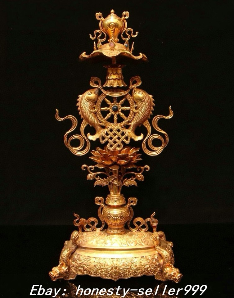 19.2" Old Dynasty Bronze 24K Gold Inlay Gem Lotus Double Fish Beast ...