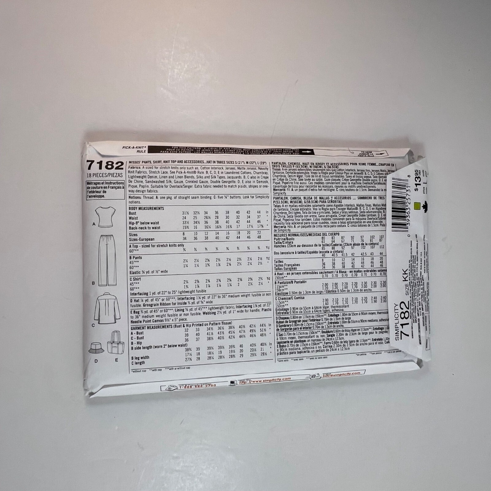 Simplicity 7182 Easy To Sew Misses Pants Shirt Top Hat Bag Size 8 - 14 ...
