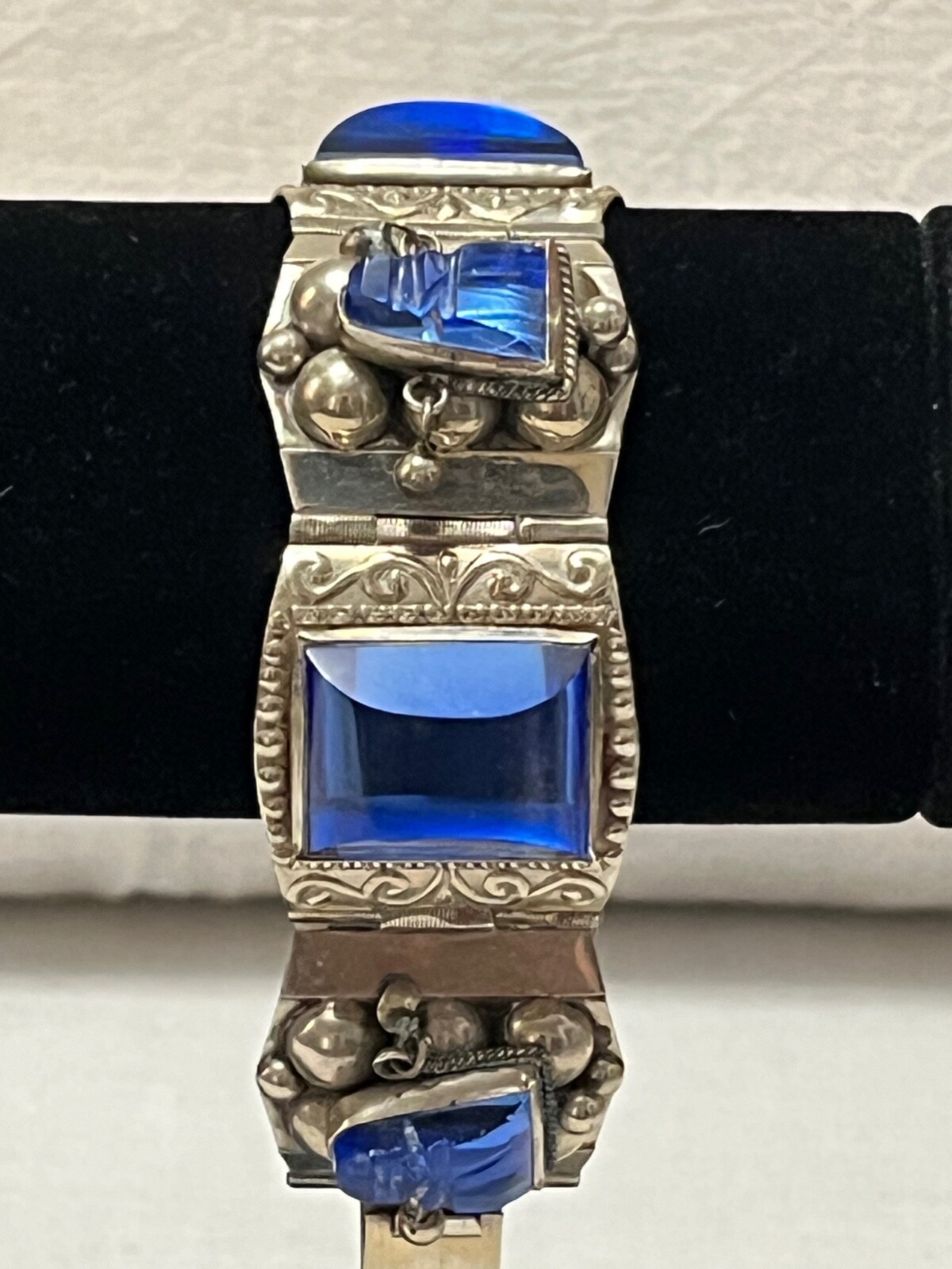 1940's Taxco sterling box hinged lake blue glass bracelet signed ...