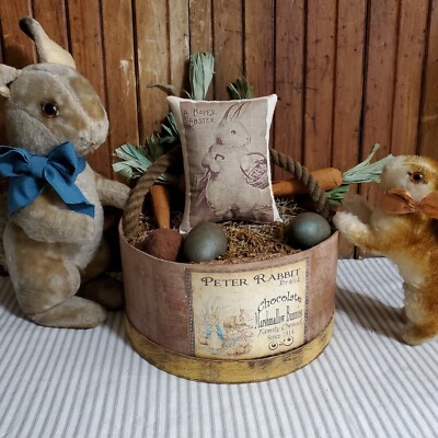 PRIMITIVE VINTAGE VICTORIAN STYLE EASTER RABBIT BUNNY BASKET TUCK BOWL ...