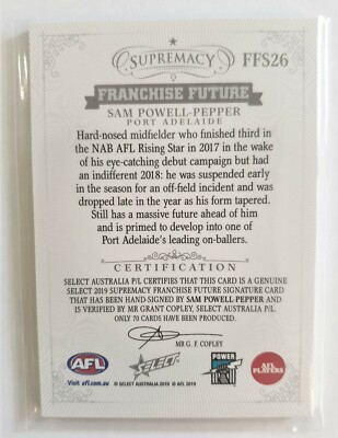 2019 Select AFL Supremacy Franchise Future • Signature Card • Sam ...
