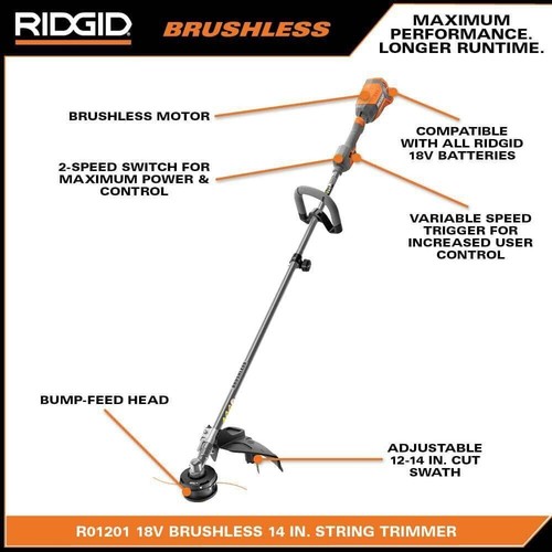 RIDGID R01201B 18V 14'' Brushless Cordless Battery String Trimmer (Tool ...
