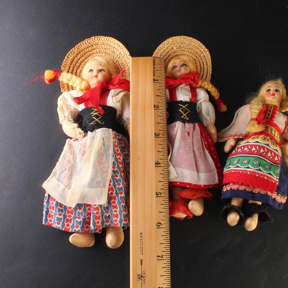 3 PC 1950s VTG Cloth Hand Painted Face Dolls Italy Blonde Braids Straw ...