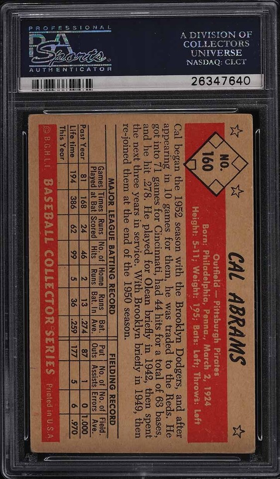 1953 Bowman Color Baseball Cal Abrams #160 PSA 4 CENTERED! LAST CARD IN ...