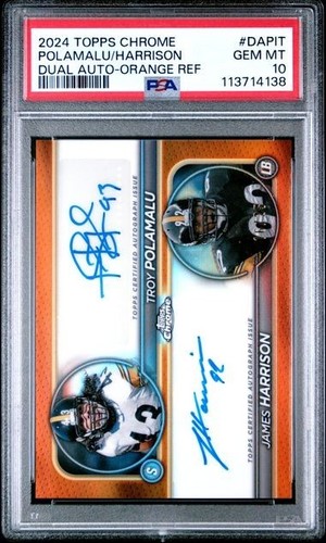 2024 CHROME TROY POLAMALU JAMES HARRISON DUAL AUTO ORANGE REFRACTOR /25 ...