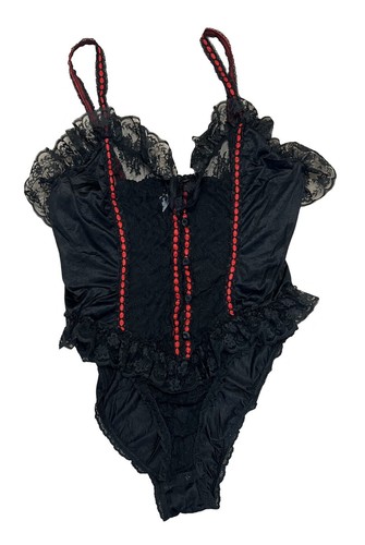 Vintage Delicates Lingerie Black Satin and Lace Red Satin Trim Teddy ...