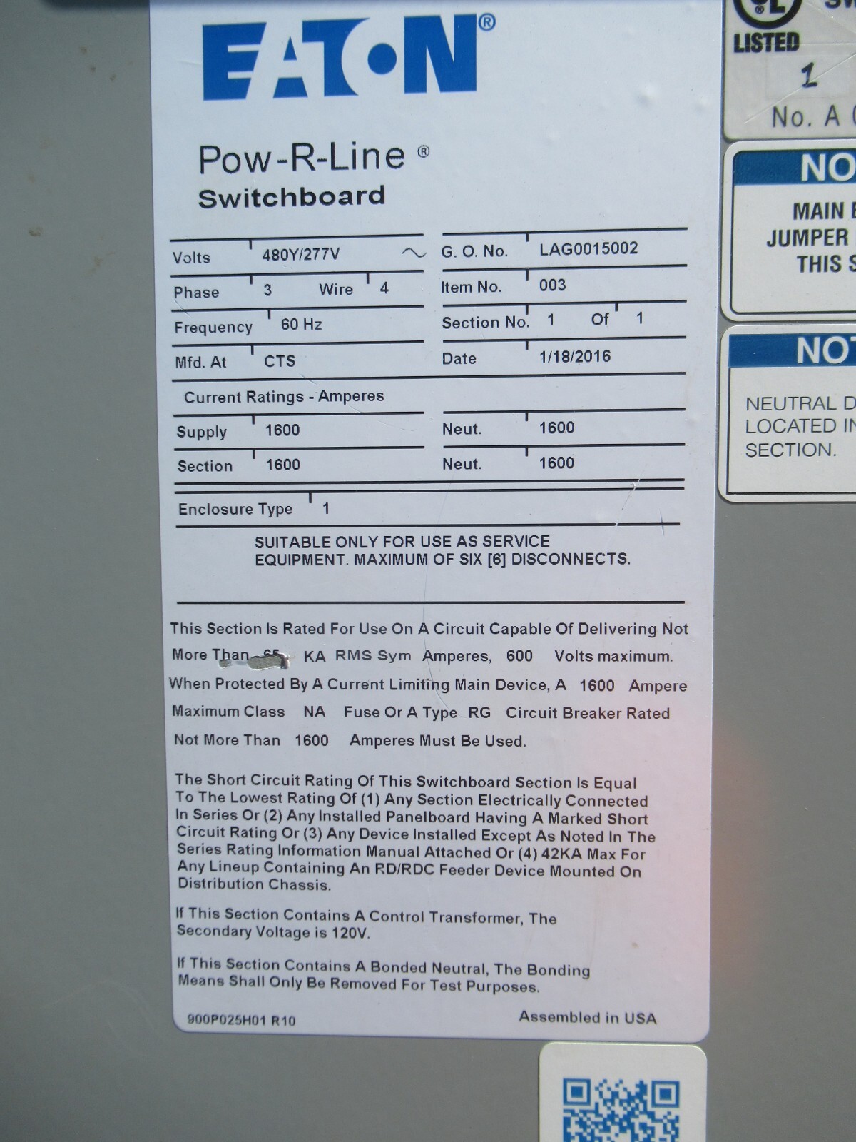 Cutler Hammer PRL Switchboard RGH316039EC Main LSIG ARMS 277/480V 3PH4W ...