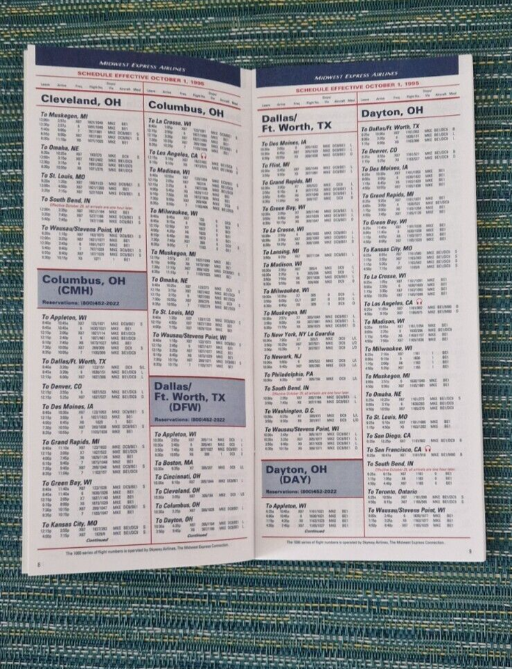Midwest Express Airlines Timetable October 1995 | eBay