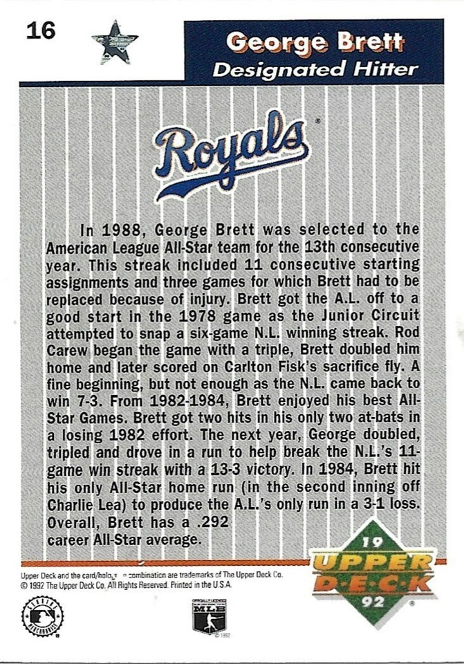 1992 Upper Deck All Star Fanfest George Brett 16 Royals exmt | eBay