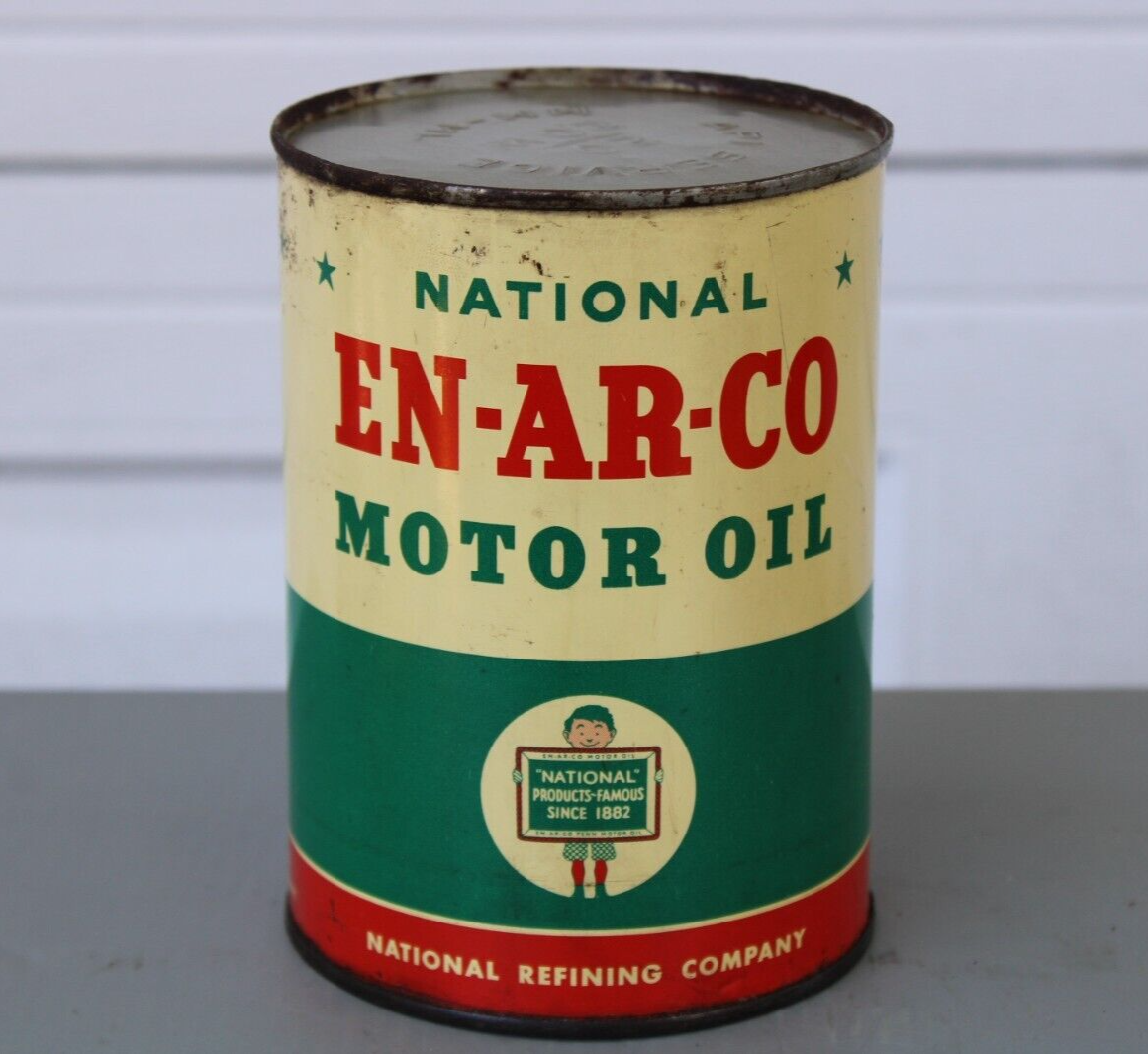 SLATE BOY GRAPHIC ~ early 1950s era EN-AR-CO MOTOR OIL Old 1 qt. Metal ...