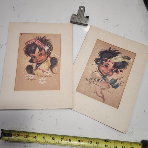 VTG MCM 50's By Monteague Flagg Print American Indian Signed 2 Each S ...