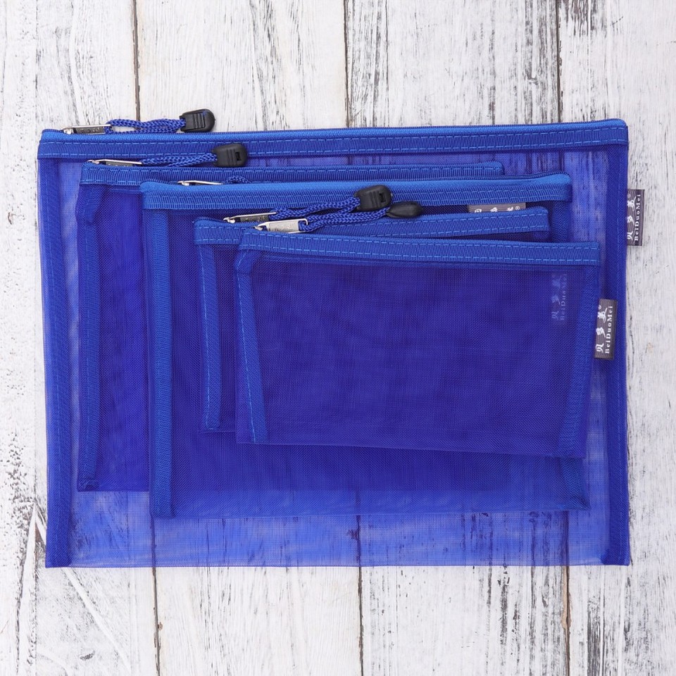 5pcs Blue Portable Office Stationery Bag Mesh Zippered File Bag Pencil ...
