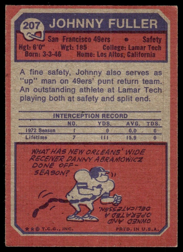1973 TOPPS JOHNNY FULLER RC SAN FRANCISCO 49ERS #207 | eBay