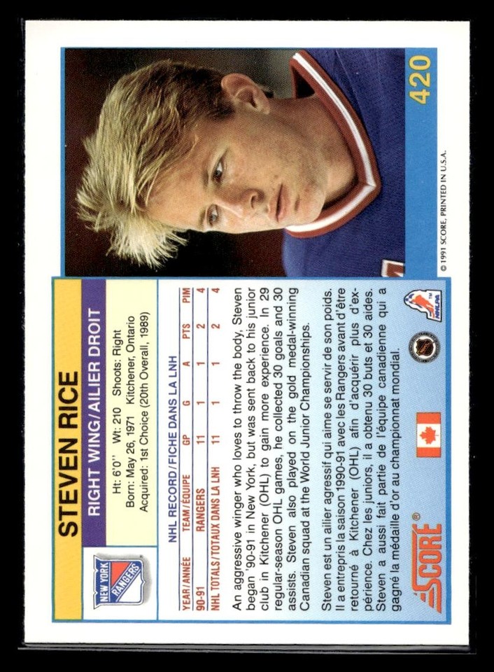 1991-92 Score Canadian Bilingual Hockey Card #420 Steven Rice New York ...