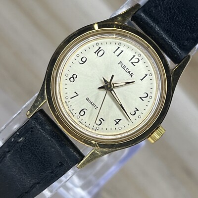 Ladies Pulsar Round Gold Tone Black Leather Bracelet Watch V811-0970 ...