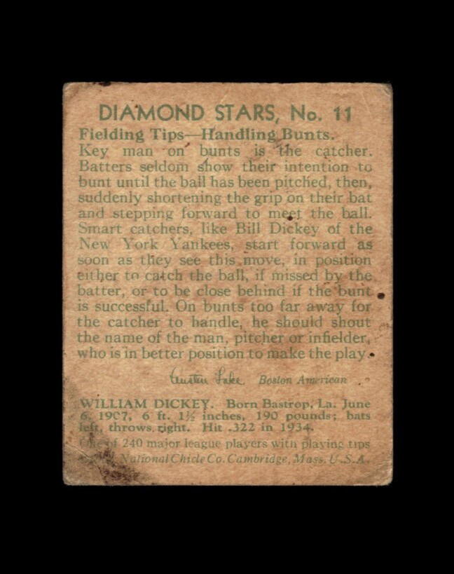 1934-36 Diamond Stars Set-Break # 11 Bill Dickey LOW GRADE (filler ...
