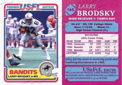 Larry Brodsky 1984 Custom USFL Card Tampa Bay Bandits New Jersey ...