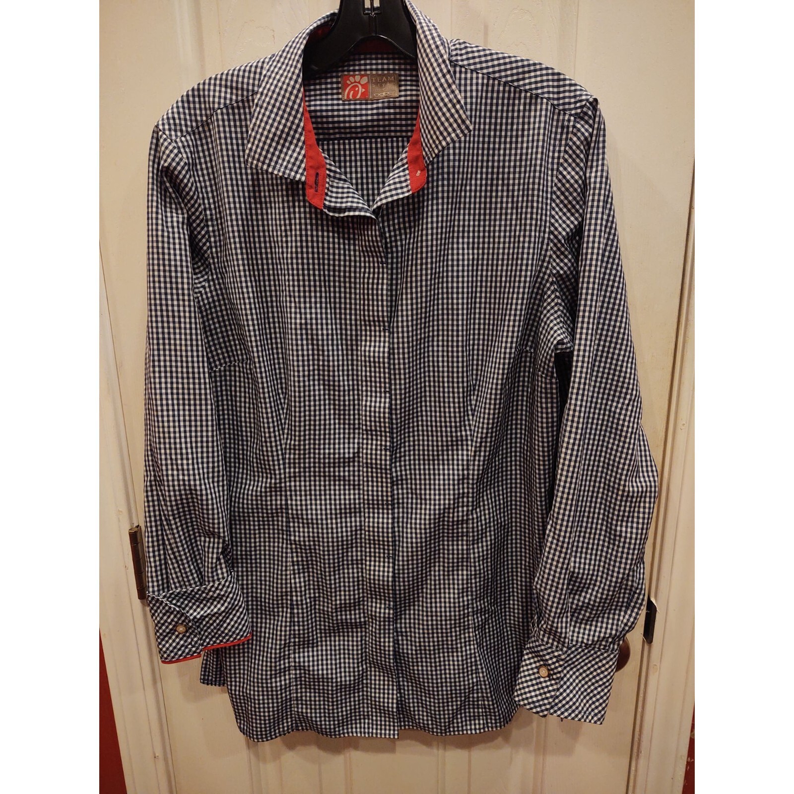 Chick Fil A Team Style Uniform Shirt Womens L Blue Checks Gingham Long ...