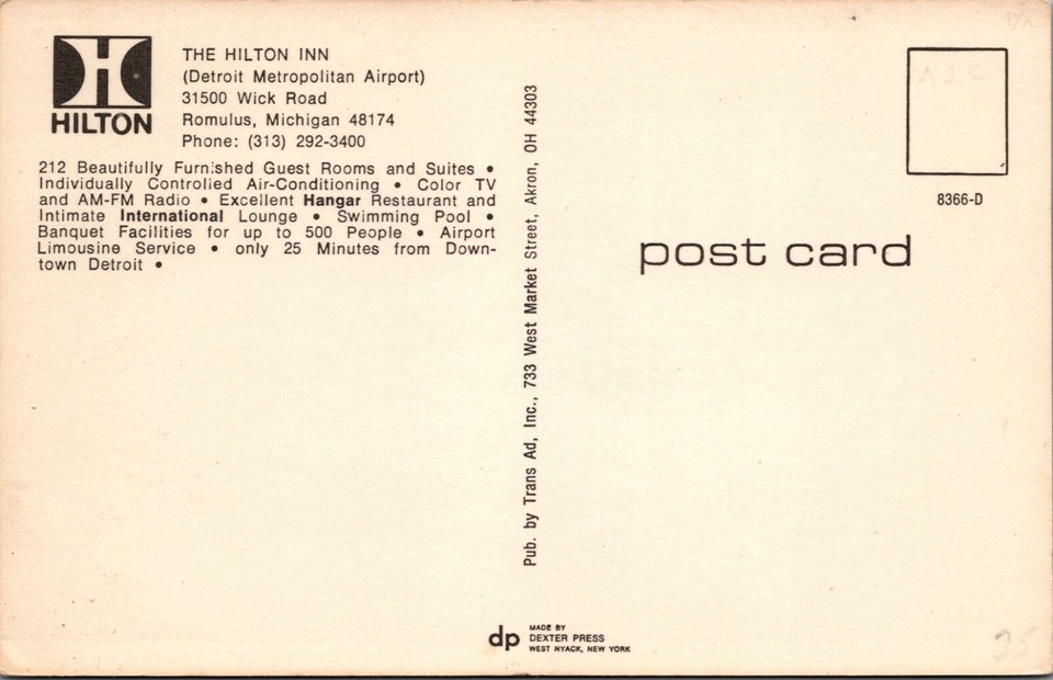 Hilton Inn Romulus Michigan birds eye view autos pool postcard A781 | eBay