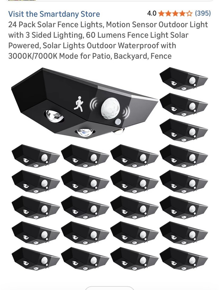 24 Pack Solar Fence Lights, Motion Sensor Outdoor Light with 3 Sided ...
