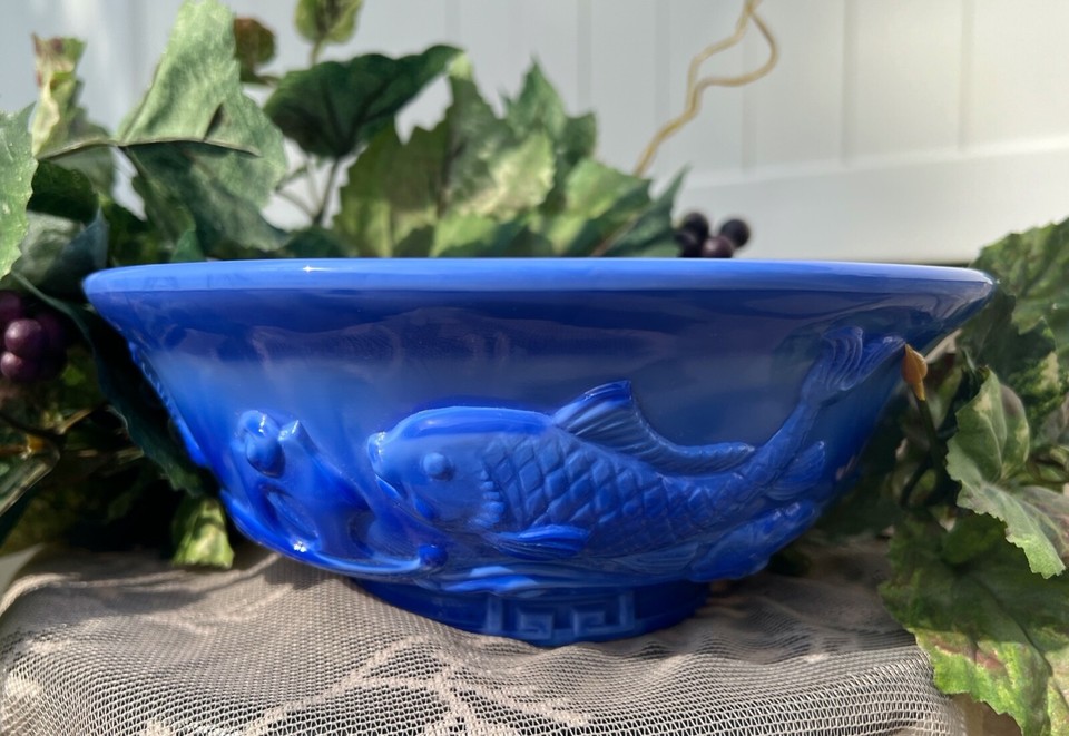 RARE Fenton**MARBLED PERIWINKLE BLUE ATLANTIS KOI FISH BOWL**1990's ...