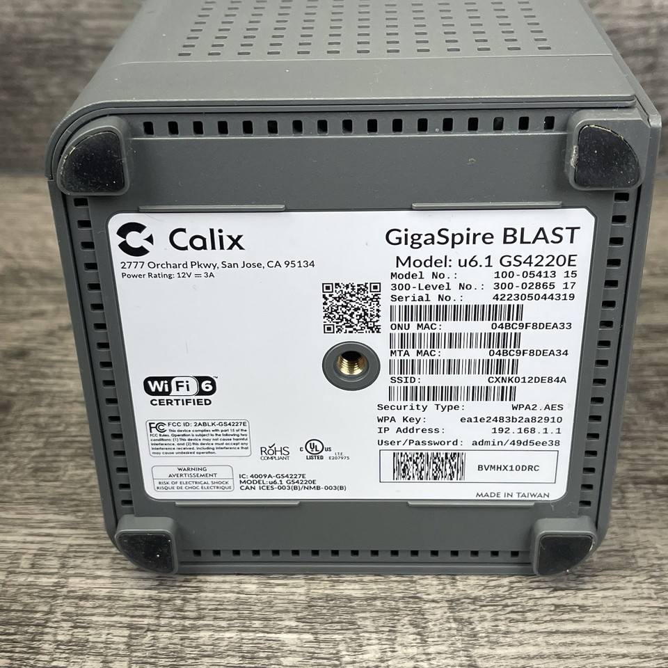 Calix GigaSpire Blast GS4220E 100-05413 WiFi6 Gigabit Router (No Power ...