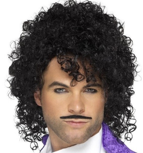 80s 1980s Purple Musician Prince Fancy Dress Wig And Tash Set By Smiffys