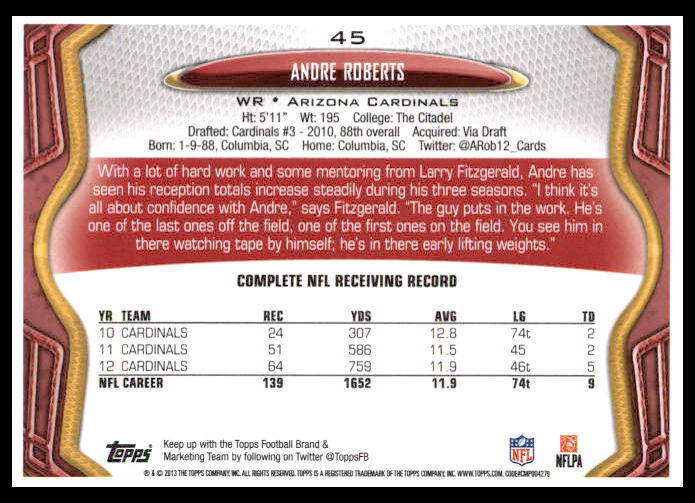 2013 Topps #45 Andre Roberts Arizona Cardinals | eBay